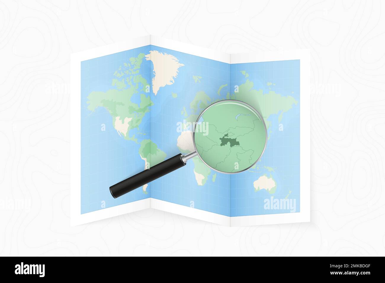 Enlarge Tajikistan with a magnifying glass on a folded map of the world. Vector paper map Stock ...