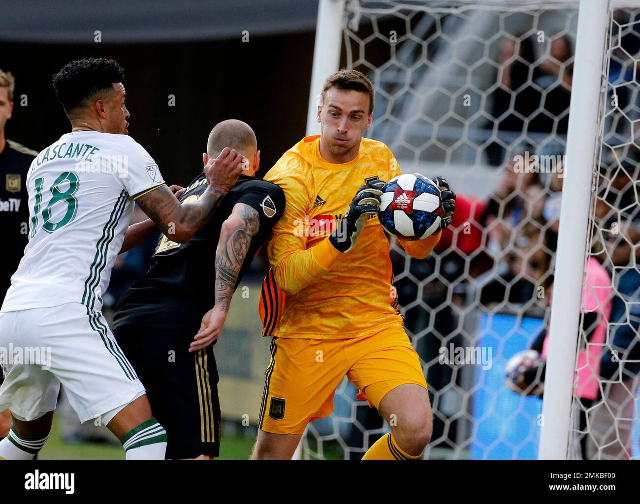 Los Angeles FC goalkeeper Tyler Miller (1) makes a save during an MLS ...