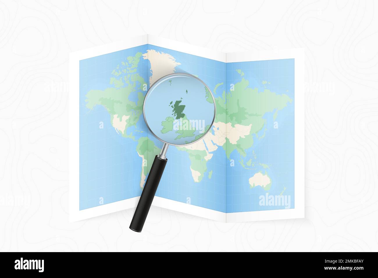Enlarge Scotland with a magnifying glass on a folded map of the world. Vector paper map Stock ...