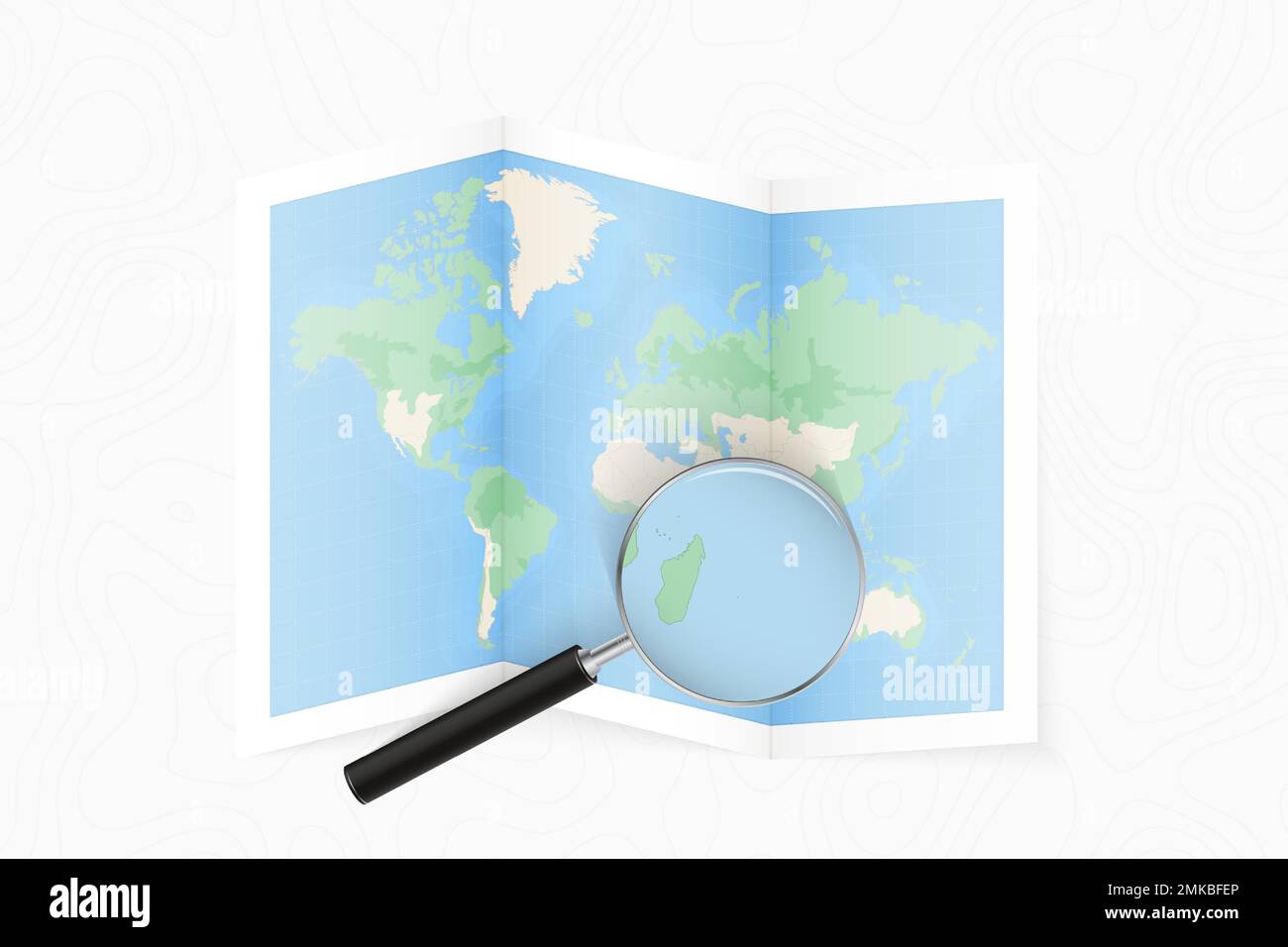 Enlarge Mauritius with a magnifying glass on a folded map of the world. Vector paper map Stock ...