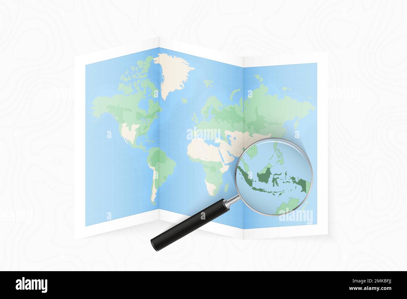 Enlarge Indonesia with a magnifying glass on a folded map of the world ...