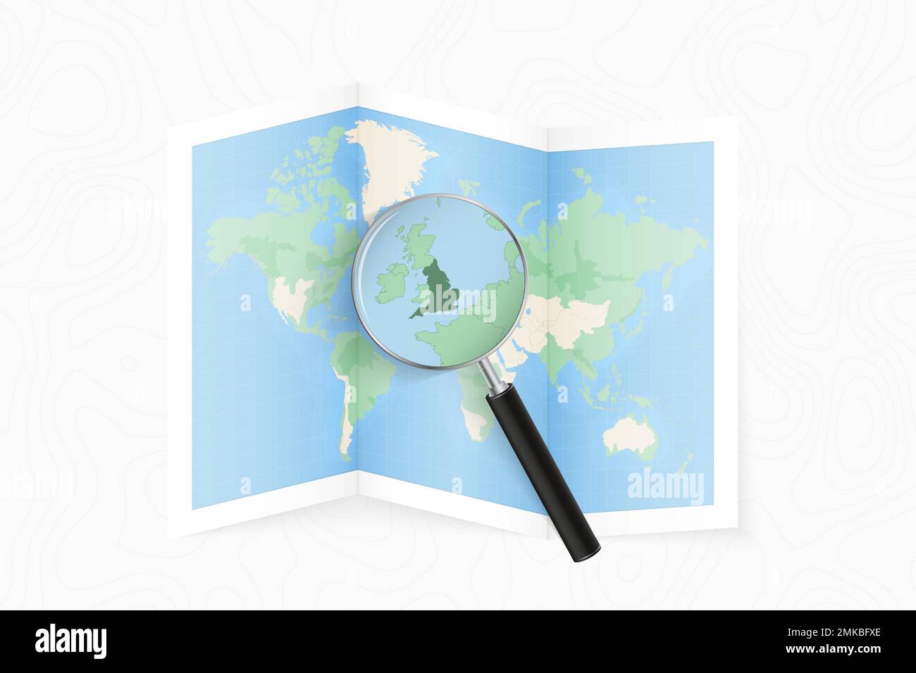 Enlarge England with a magnifying glass on a folded map of the world. Vector paper map Stock ...