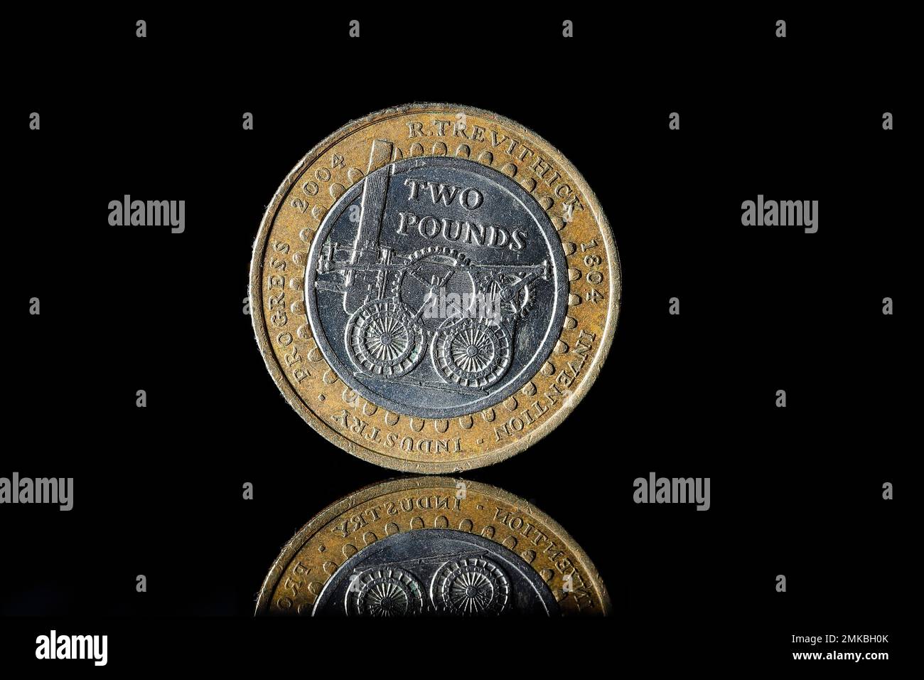 A £2 coin issued in 2004 to commemorate the first steam engine locomotives first journey in 1804 ...