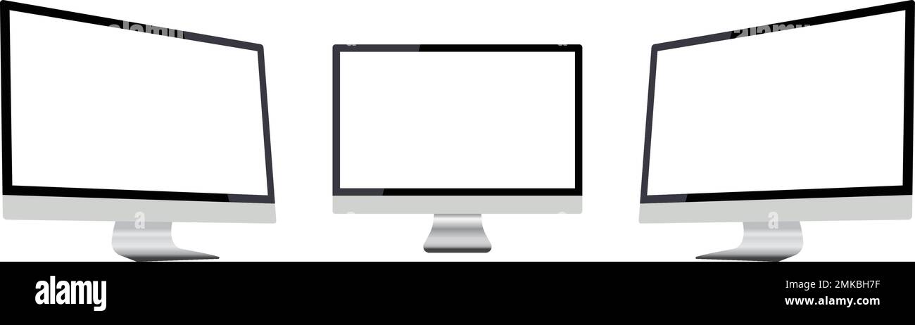 Set of Realistic illustration of black computer LCD monitor with silver stand and blank ...