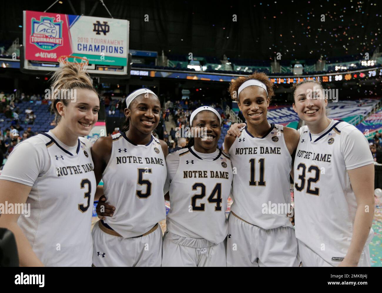 Notre Dame players Marina Mabrey (3), Jackie Young (5), Arike ...