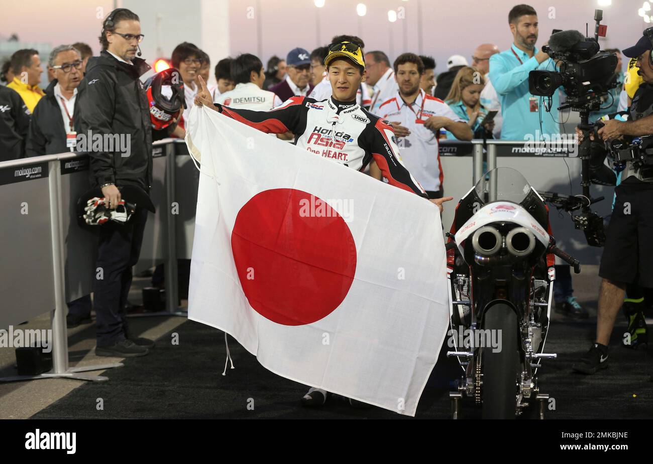 Japanese rider Kaito Toba celebrates after winning the Moto3 World ...