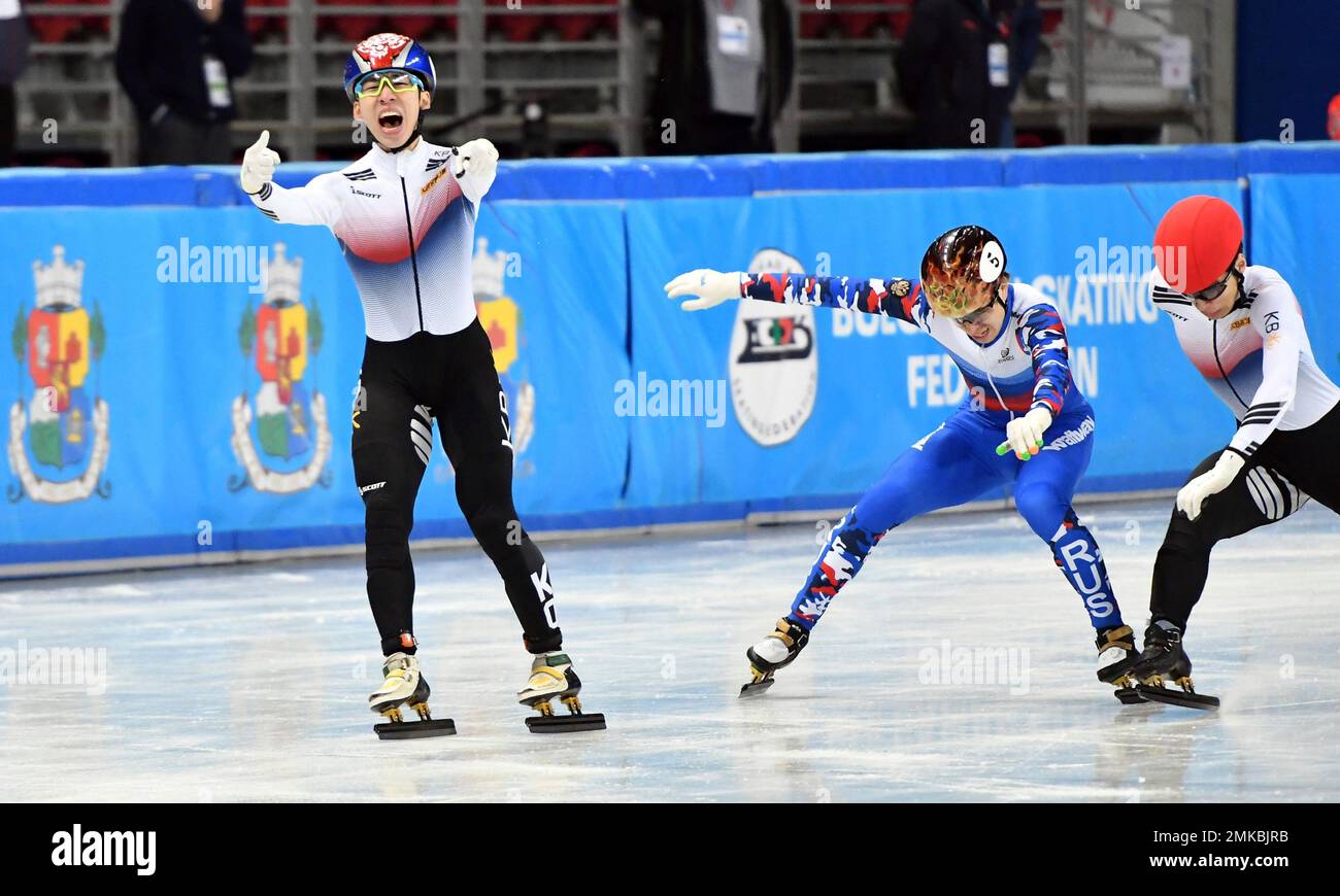 South Korea's Hyo Jun Lim, reacts after winning the men's 1000-meter ...