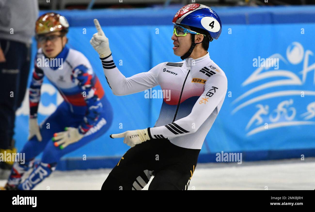 South Korea's Hyo Jun Lim, reacts after winning the men's 1000-meter ...