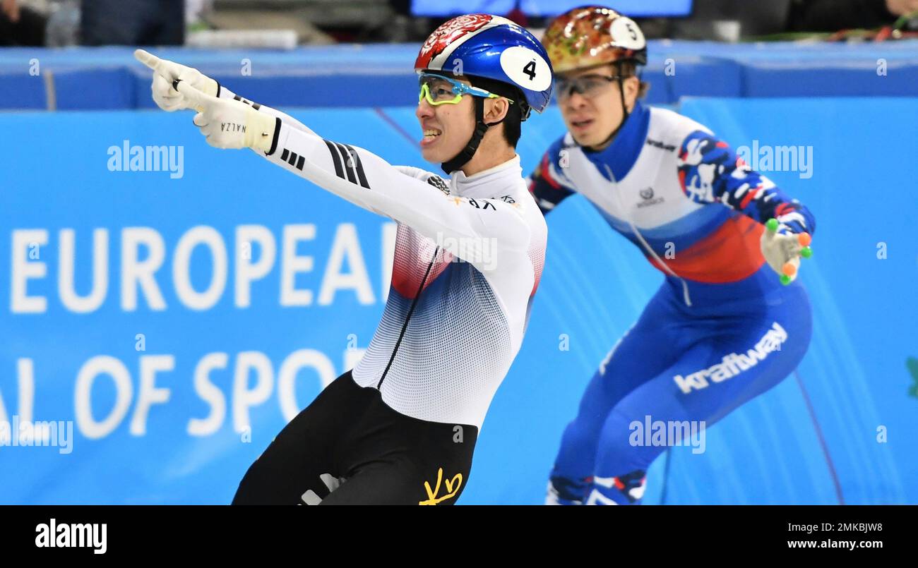 South Korea's Hyo Jun Lim, reacts after winning the men's 1000-meter ...