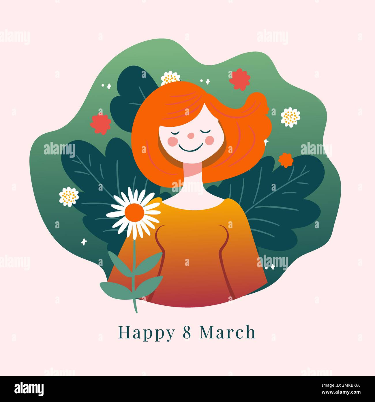 Happy woman flower 8 march spring vector, beautiful young girl face ...
