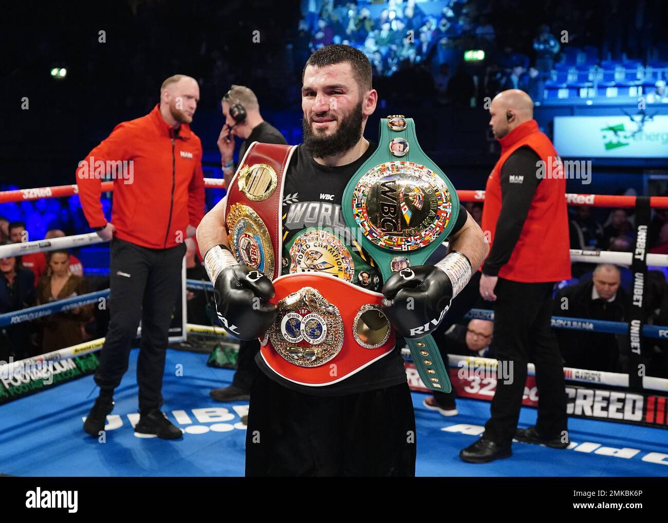 Artur Beterbiev celebrates defeating Anthony Yarde after their WBC, IBF ...