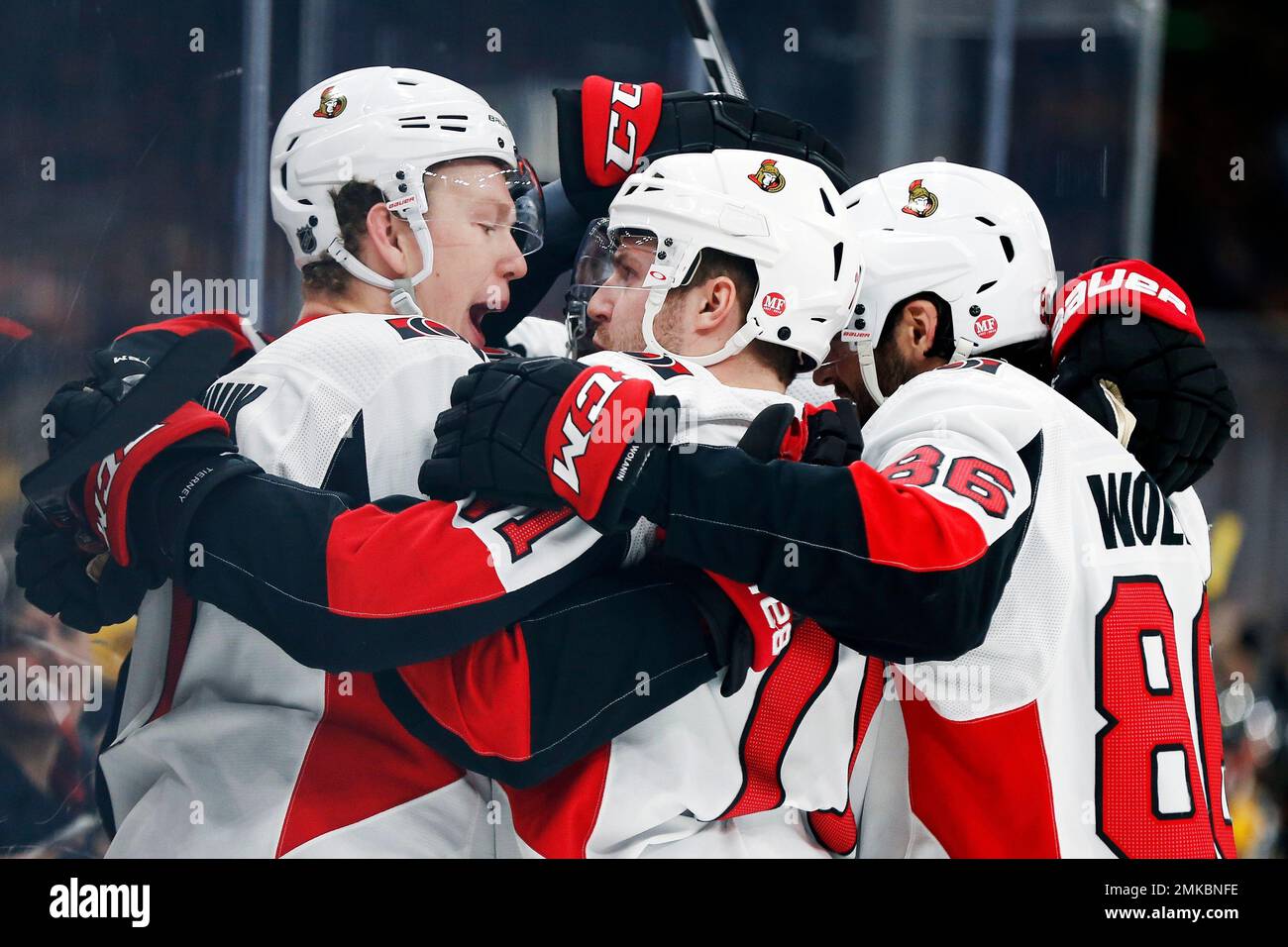 Ottawa Senators' Brady Tkachuk, left, celebrates his goal with ...