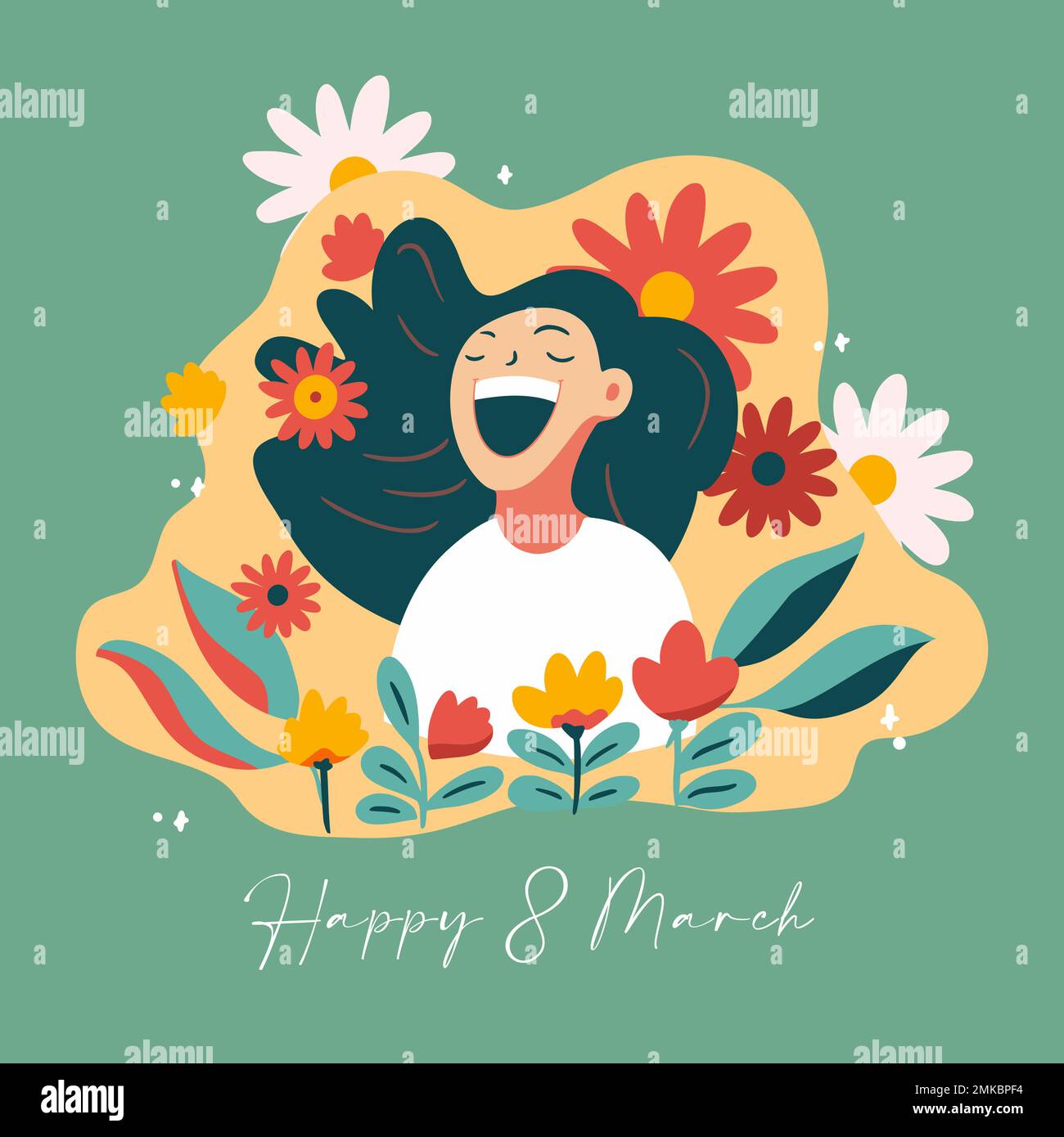 Happy woman flower 8 march spring vector, beautiful young girl face ...