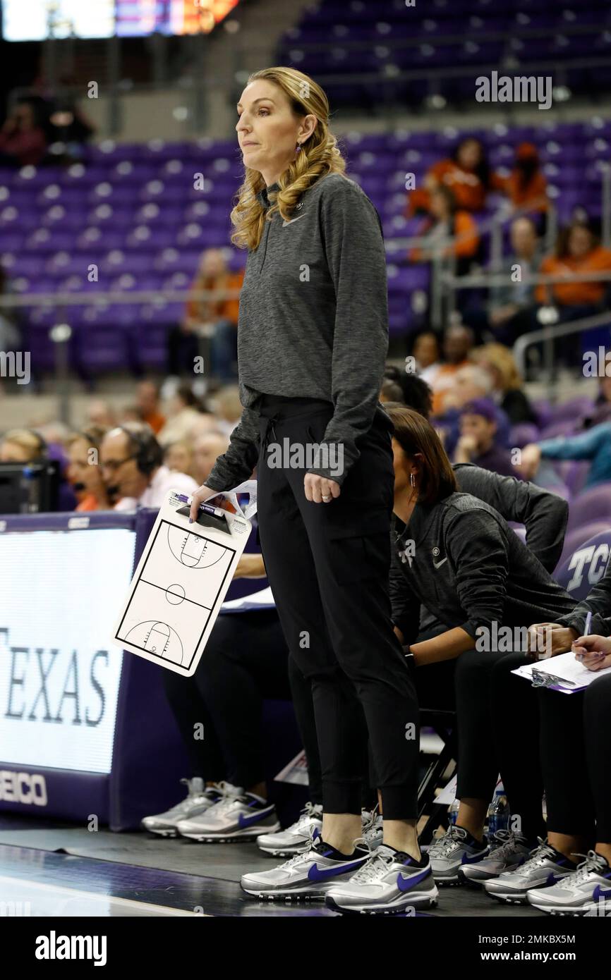 TCU head coach Raegan Pebley watches play against Texas during an NCAA ...