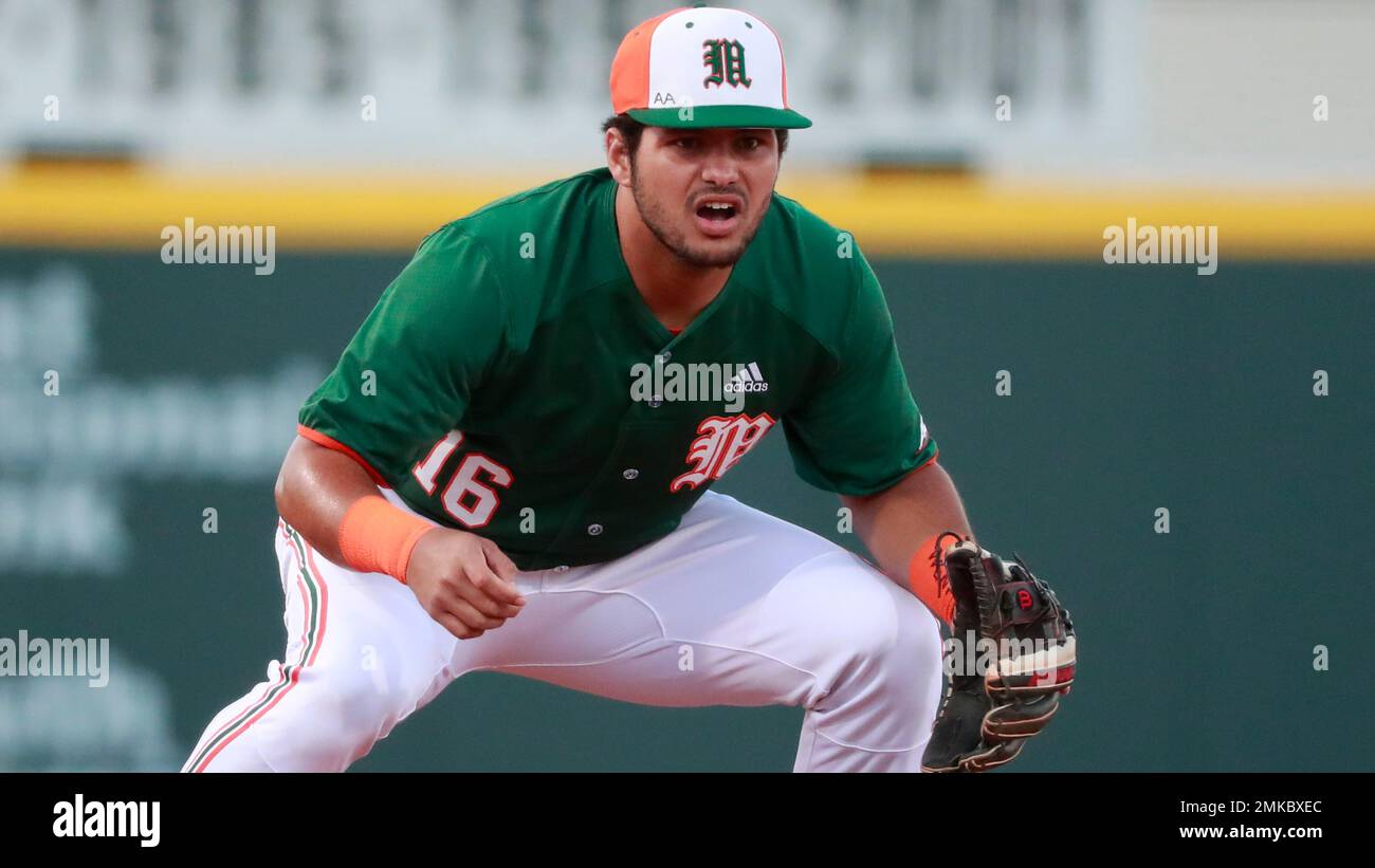 Miami catcher third baseman Raymond Gil is shown during an NCAA college ...