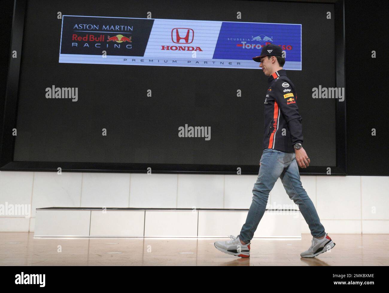 Formula One Red Bull drivers Pierre Gasly of France walks on the stage ...