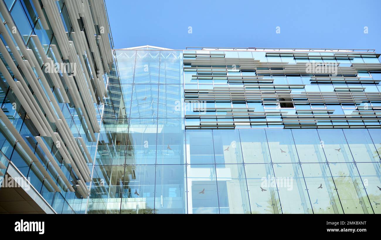 Abstract closeup of the glass-clad facade of a modern building covered ...