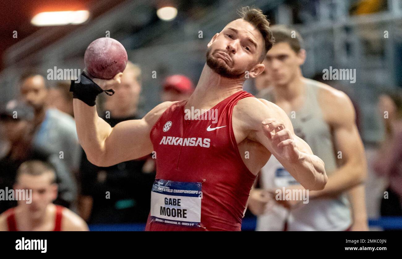 Arkansas' Gabe Moore competes in the shot put event in the heptathlon ...