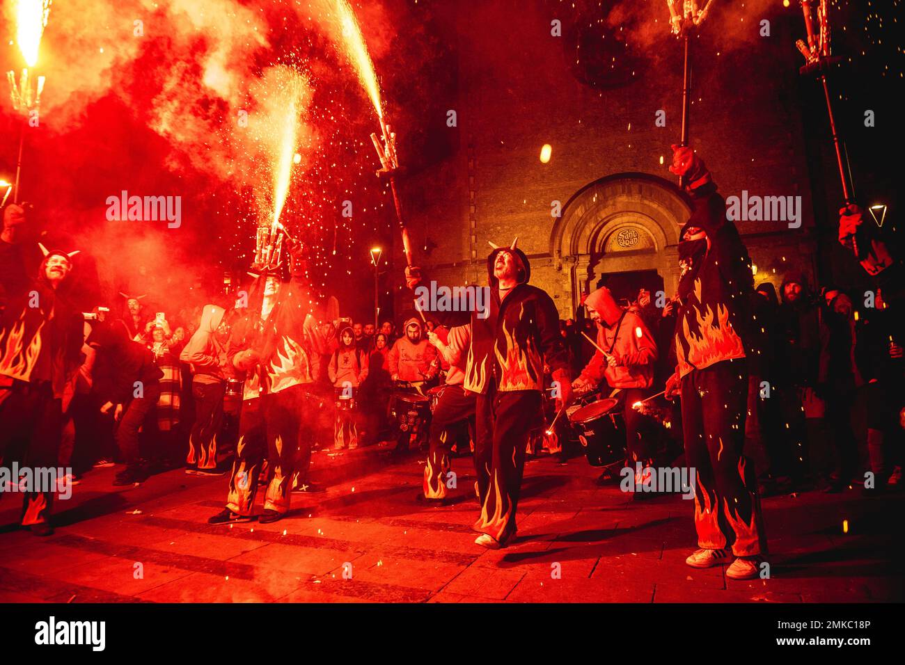 Barcelona, Spain. 28th Jan, 2023. Fire runners in devil costumes dance ...