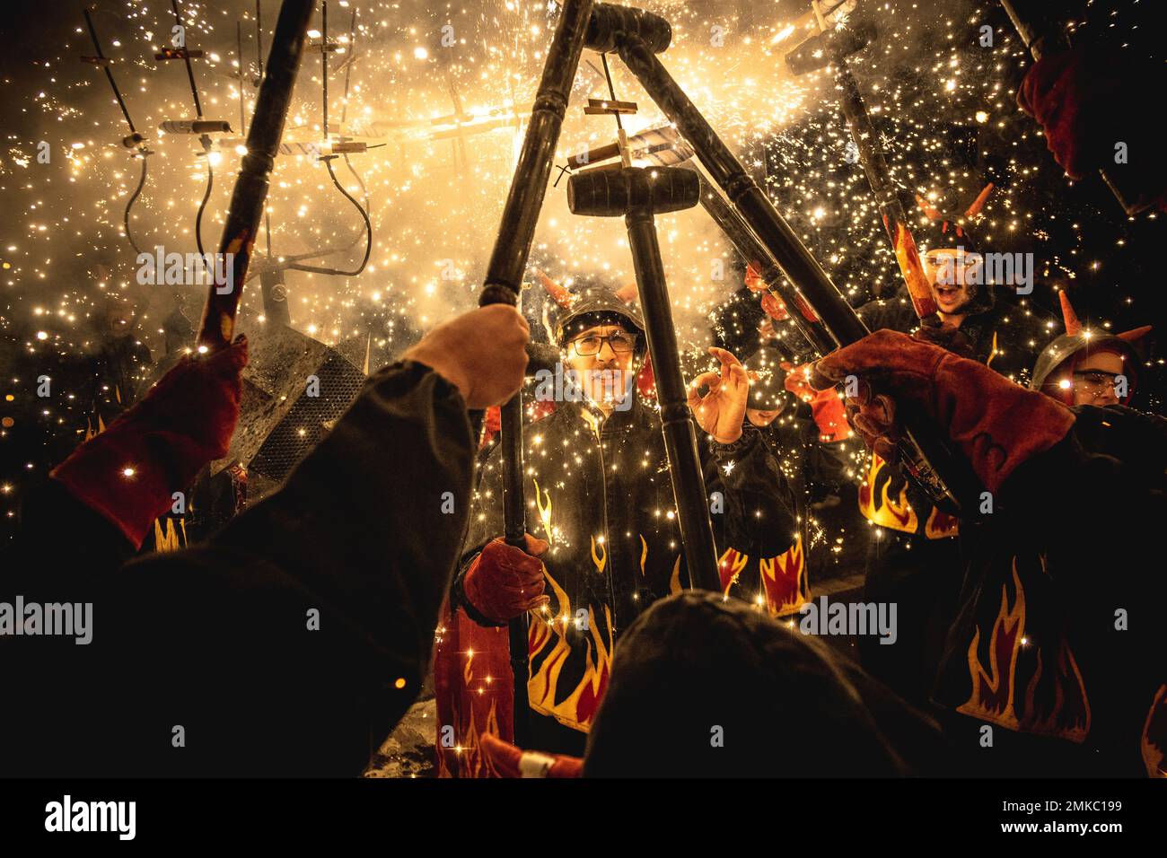Barcelona, Spain. 28th Jan, 2023. Fire runners in devil costumes gather ...