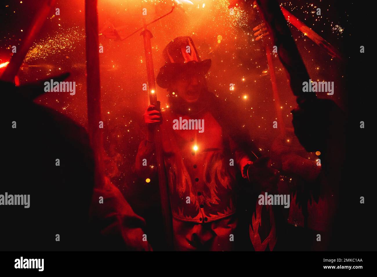 Barcelona, Spain. 28th Jan, 2023. Fire runners in devil costumes dance ...