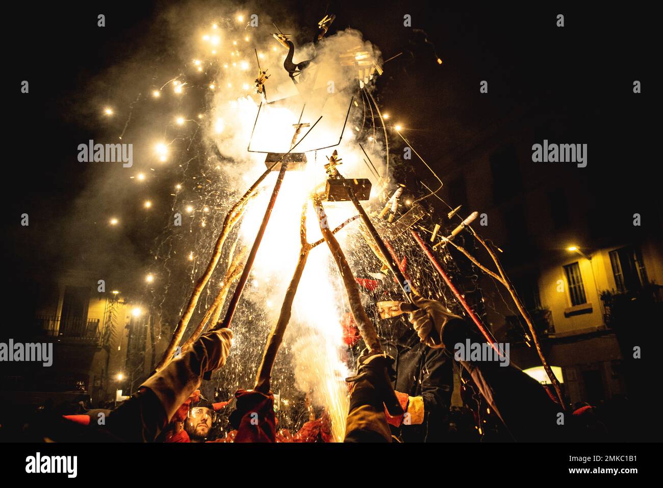 Barcelona, Spain. 28th Jan, 2023. Fire runners in devil costumes gather ...