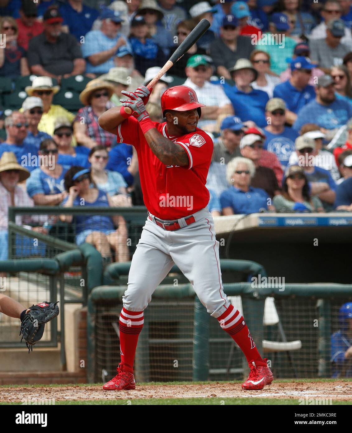 Los Angeles Angels' Cesar Puello hits against the Kansas City Royals ...