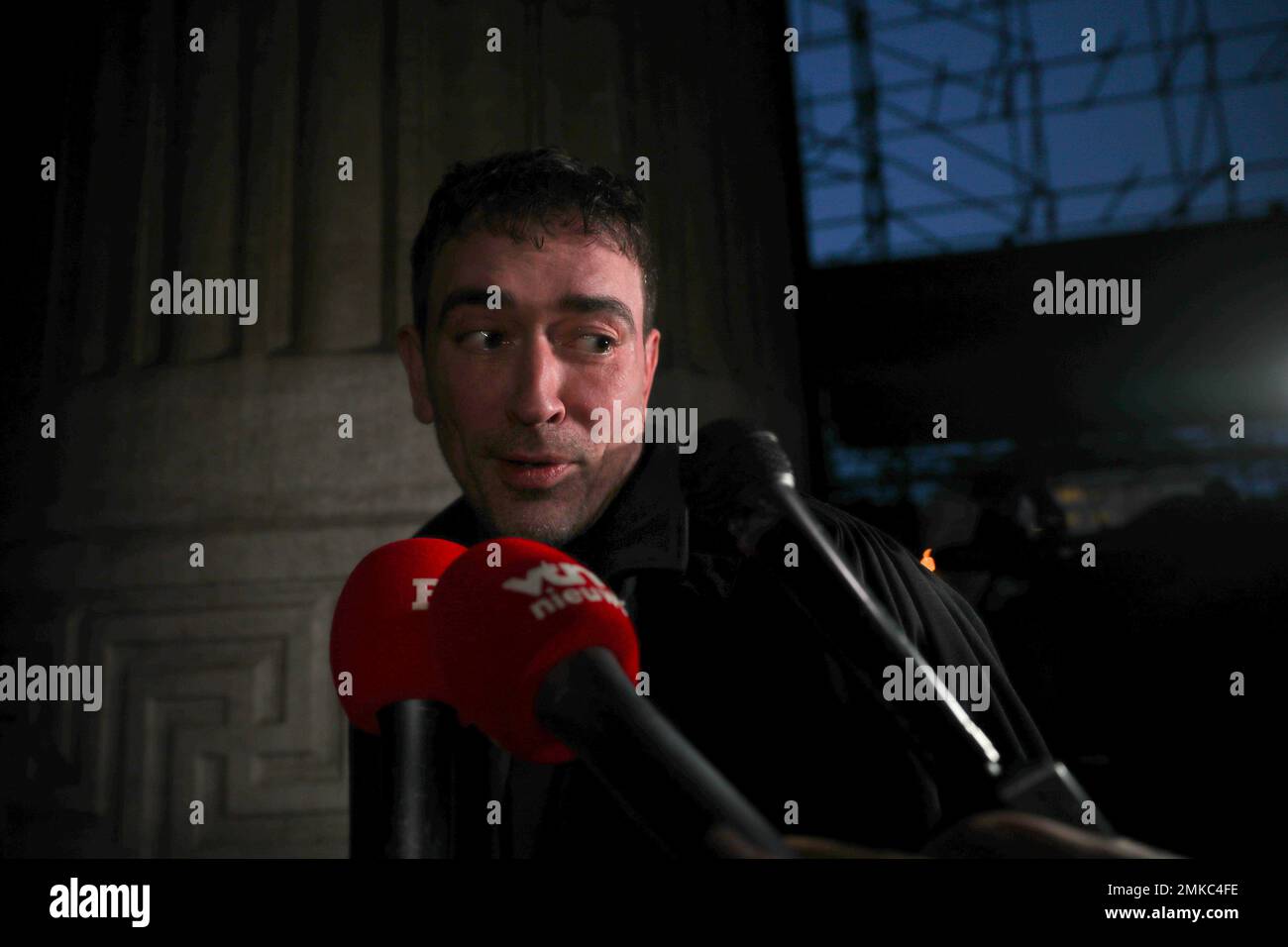 Lawyer for the accused, Sebastien Courtoy talks to journalists as he ...