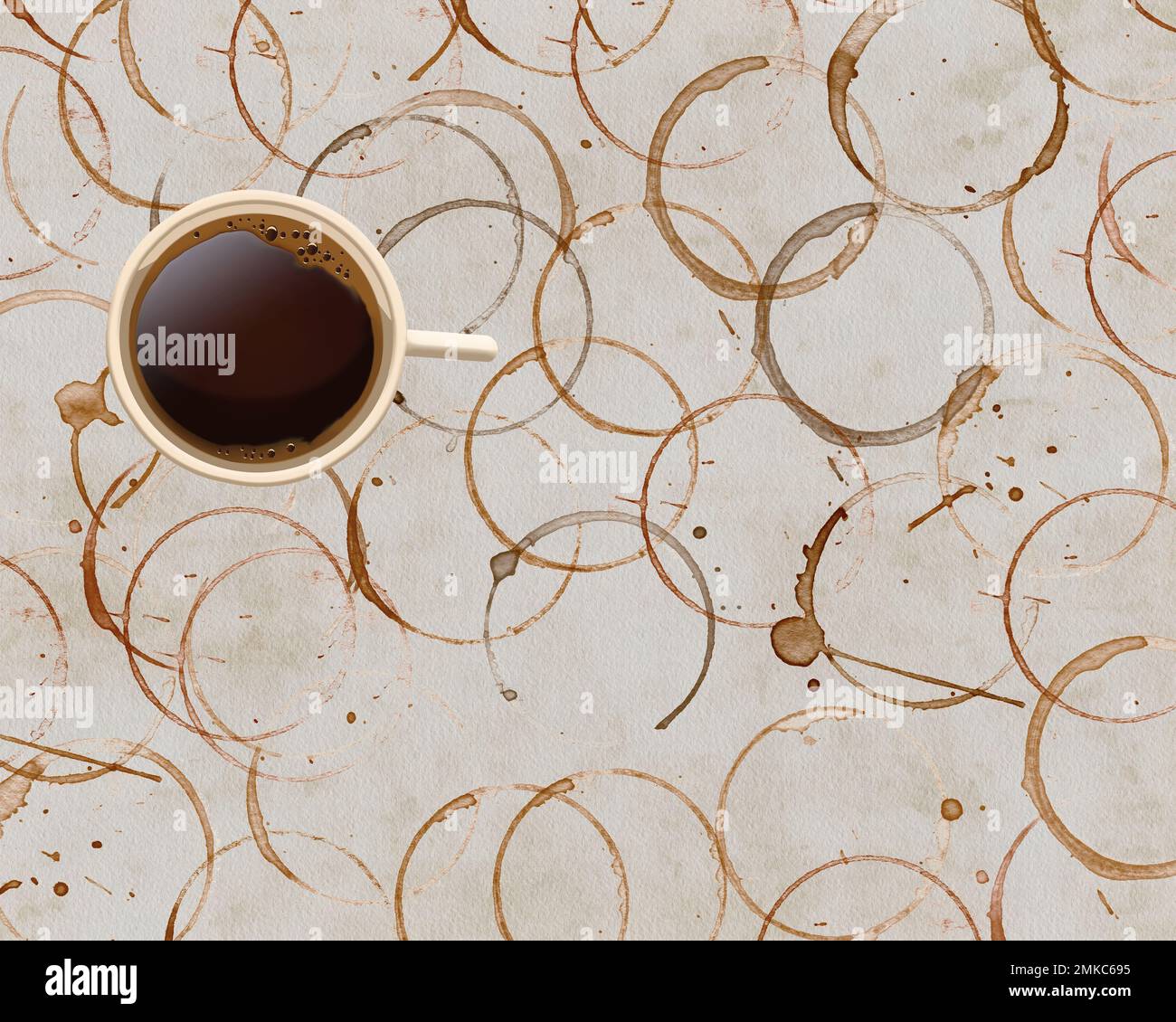 Stained circles of dried coffee from spills and splashes are seen on a ...