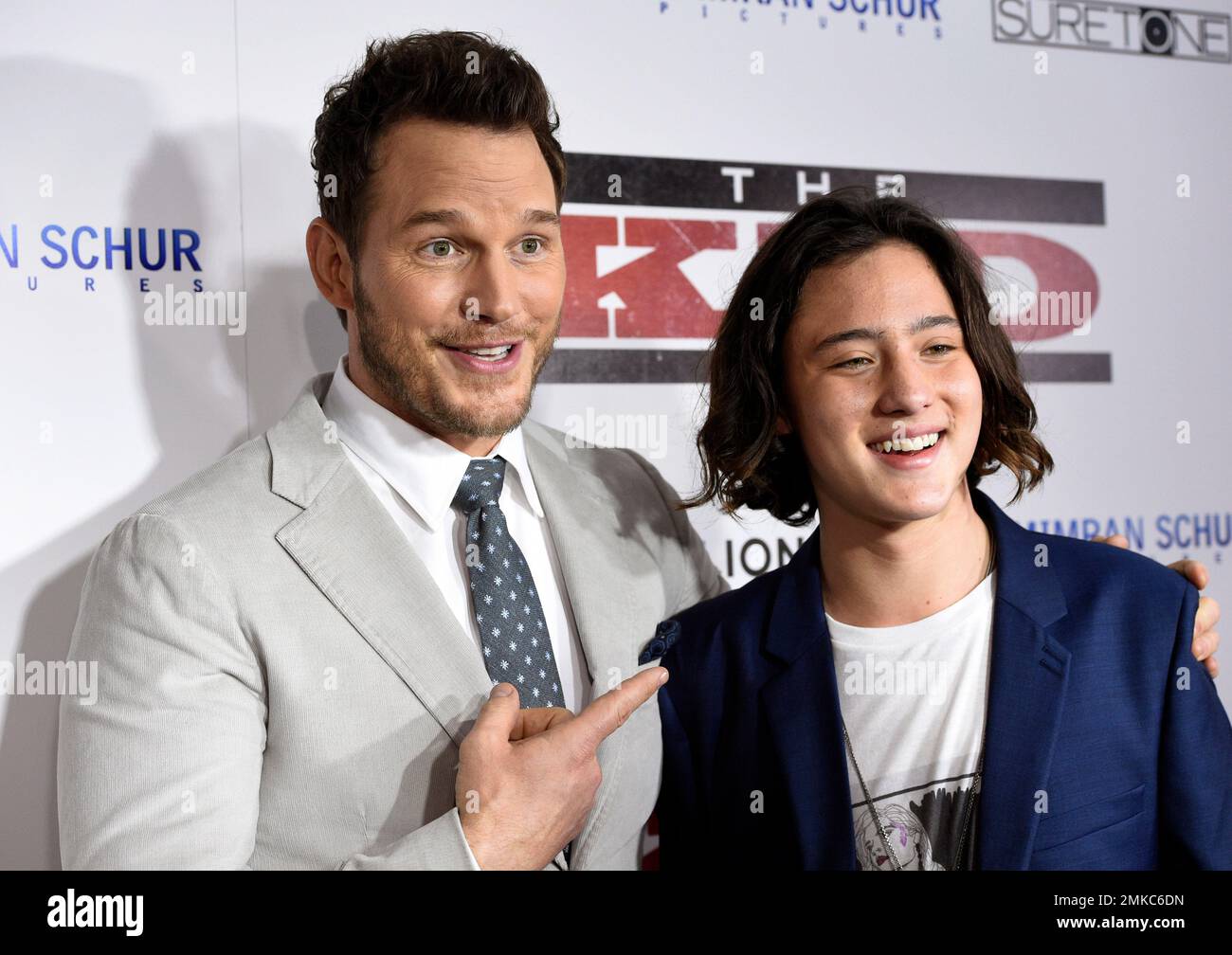 Chris Pratt, left, and Jake Schur, cast members in "The Kid," pose ...