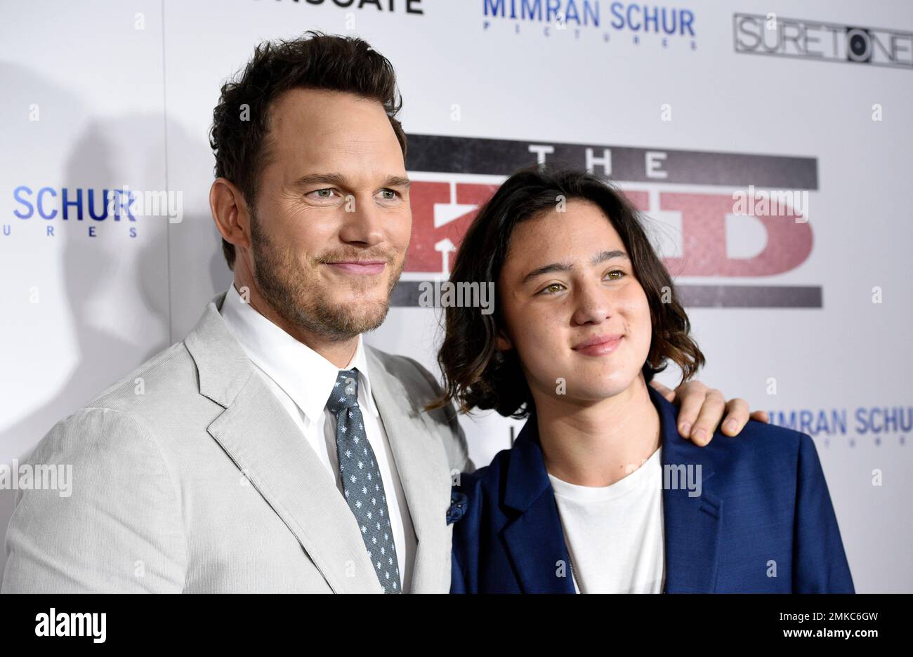 Chris Pratt, left, and Jake Schur, cast members in "The Kid," pose ...