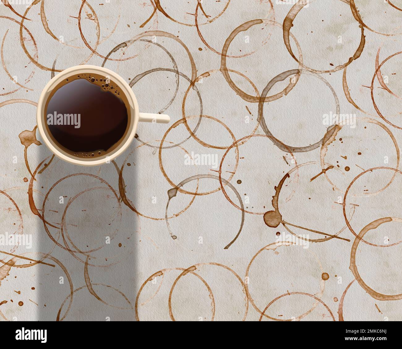 Stained circles of dried coffee from spills and splashes are seen on a ...