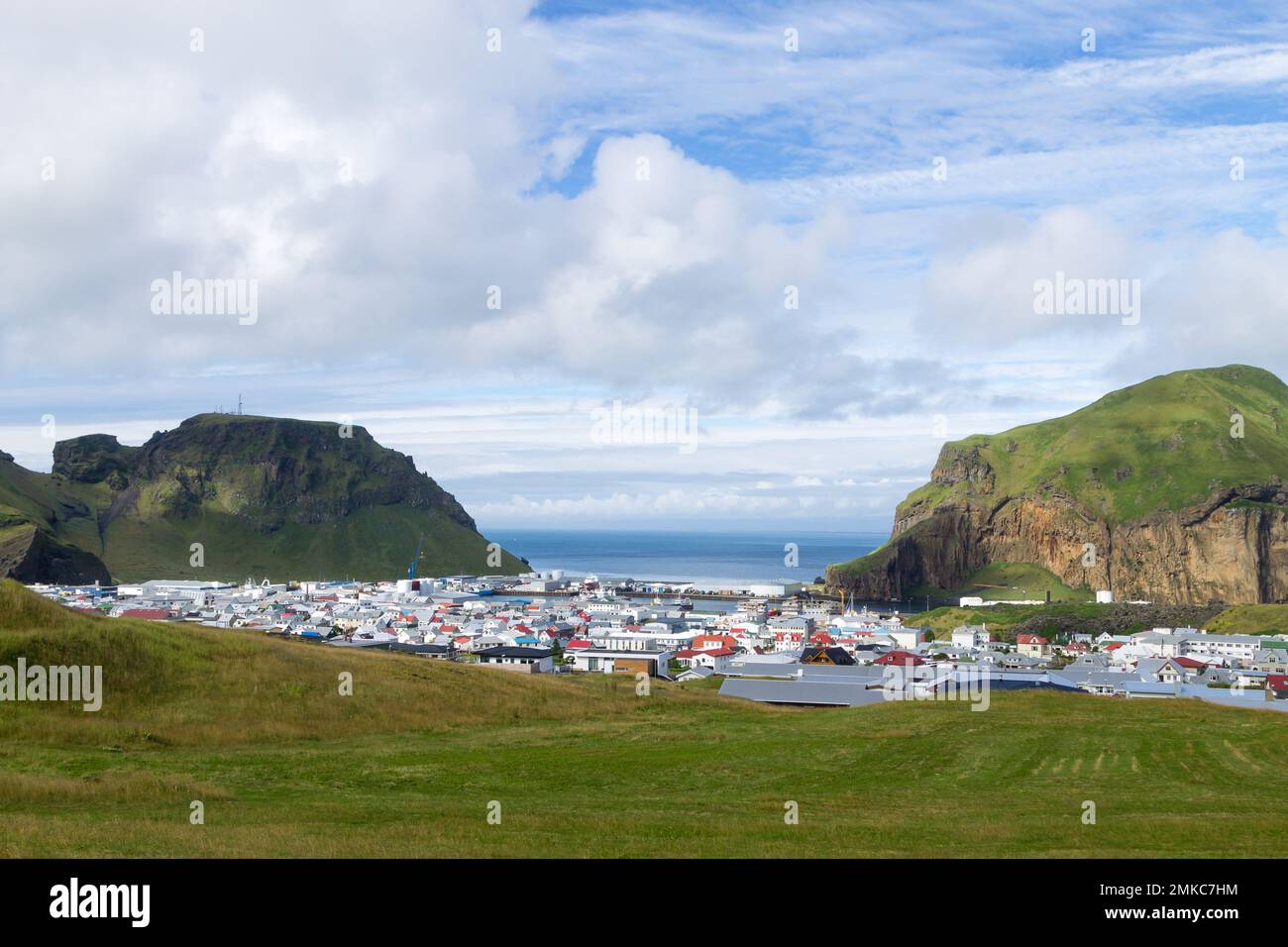 Heimaey town aerial view from Eldfell volcano. Iceland landscape ...
