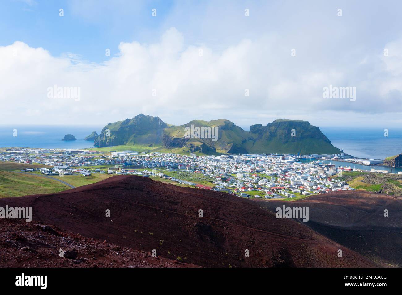 Heimaey town aerial view from Eldfell volcano. Iceland landscape ...