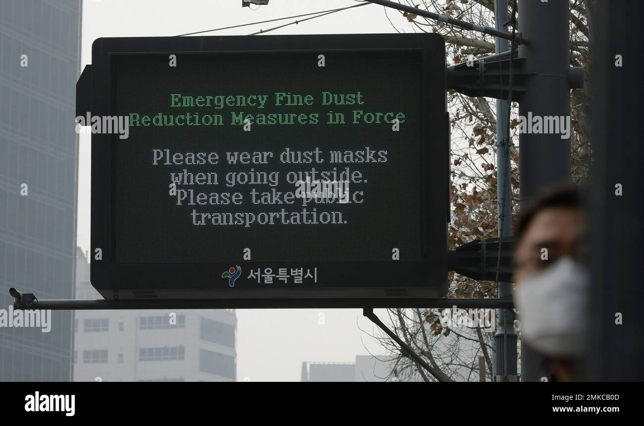 In this March 5, 2019. photo, an air pollution warning sign is seen on ...