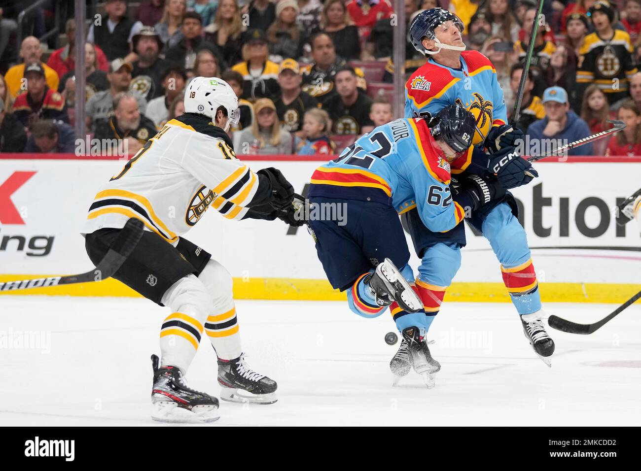 Florida Panthers defenseman Brandon Montour (62) collides with center ...