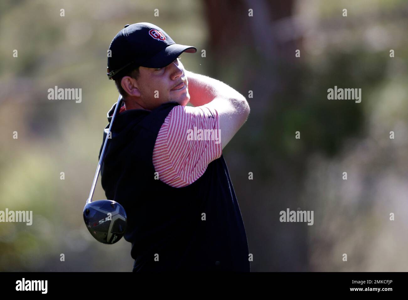 Oklahoma's Riley Casey hits a tee shot during the Southern Highlands Collegiate golf tournament ...