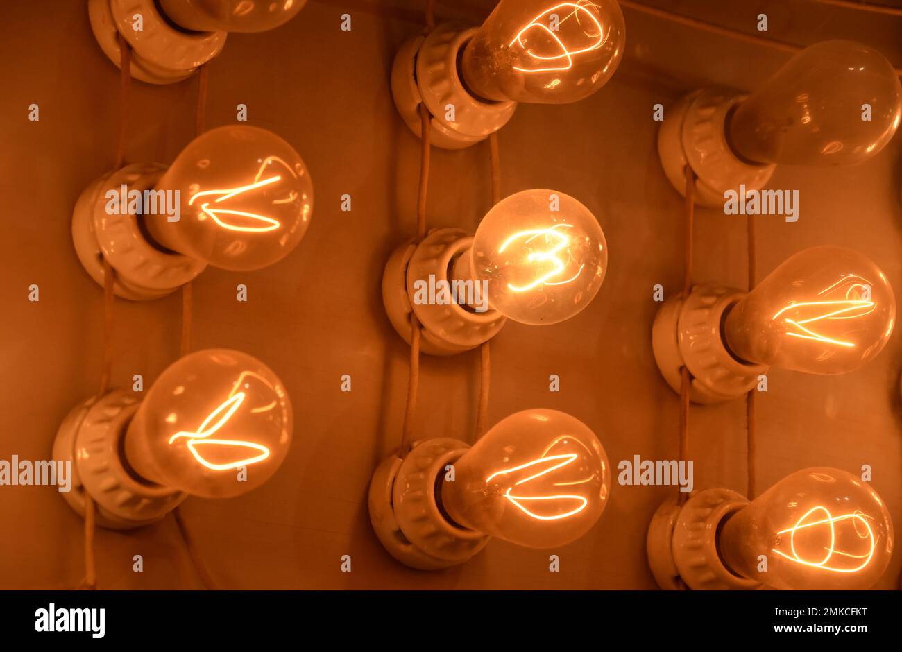 Glowing lightbulbs with lit filaments inside the old style bulbs Stock ...