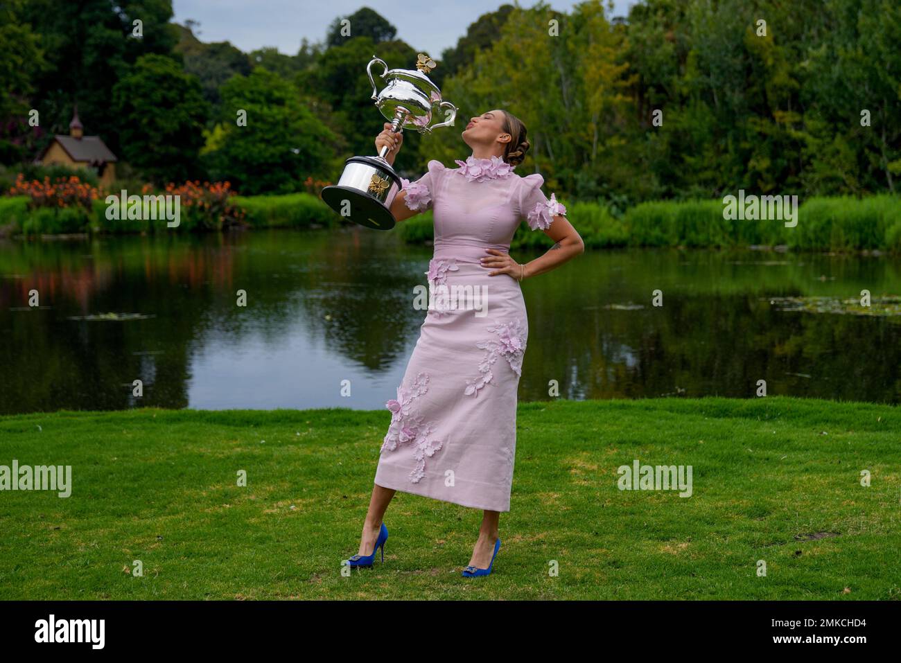 Aryna Sabalenka of Belarus poses with the Daphne Akhurst Memorial Trophy in the Royal Botanical ...