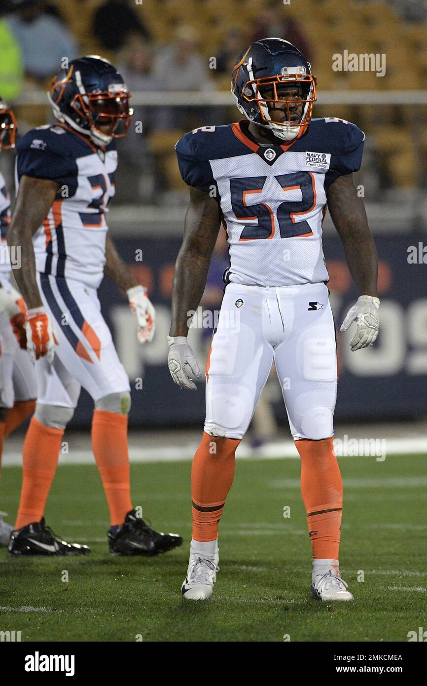 Orlando Apollos linebacker Reggie Northrup II (52) sets up for a play ...