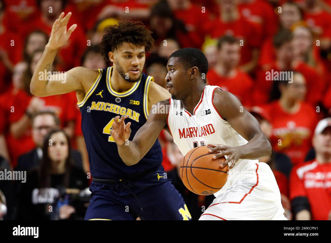 Maryland guard Darryl Morsell, right, drives against Michigan forward ...
