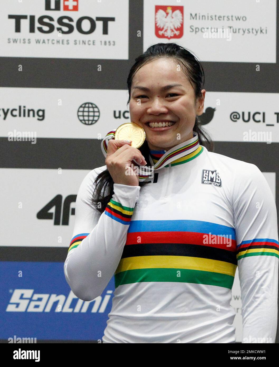 Gold medalist Hong Kong's Lee Wai Sze poses during the medal ceremony ...