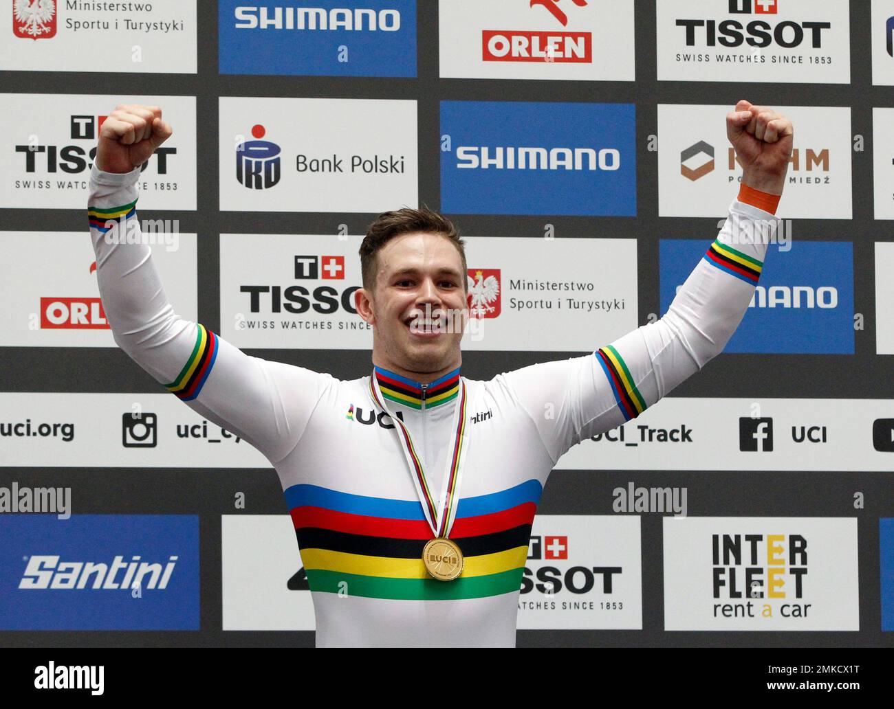 Gold medalist Netherlands' Harrie Lavreysen celebrates on the podium ...