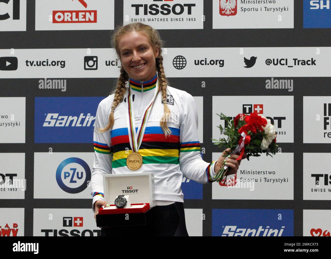 Gold medalist Australia's Alexandra Manly poses on the podium after the Women's Points race 25 ...