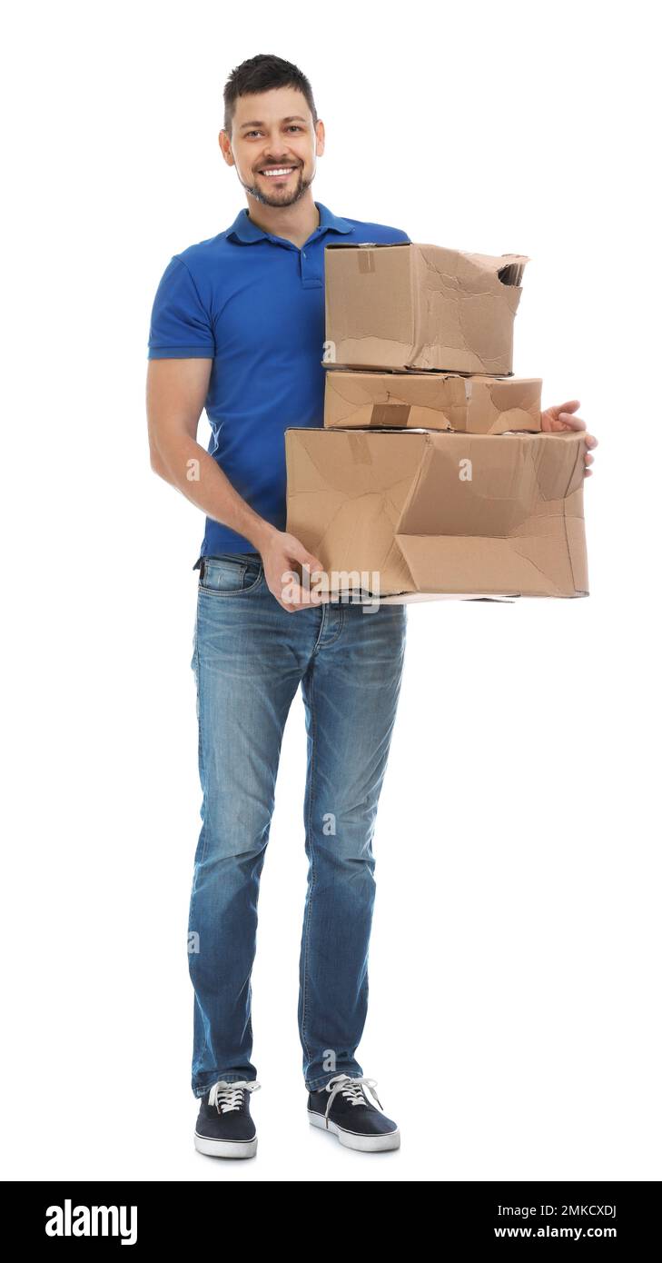 Courier with damaged cardboard boxes on white background. Poor quality ...