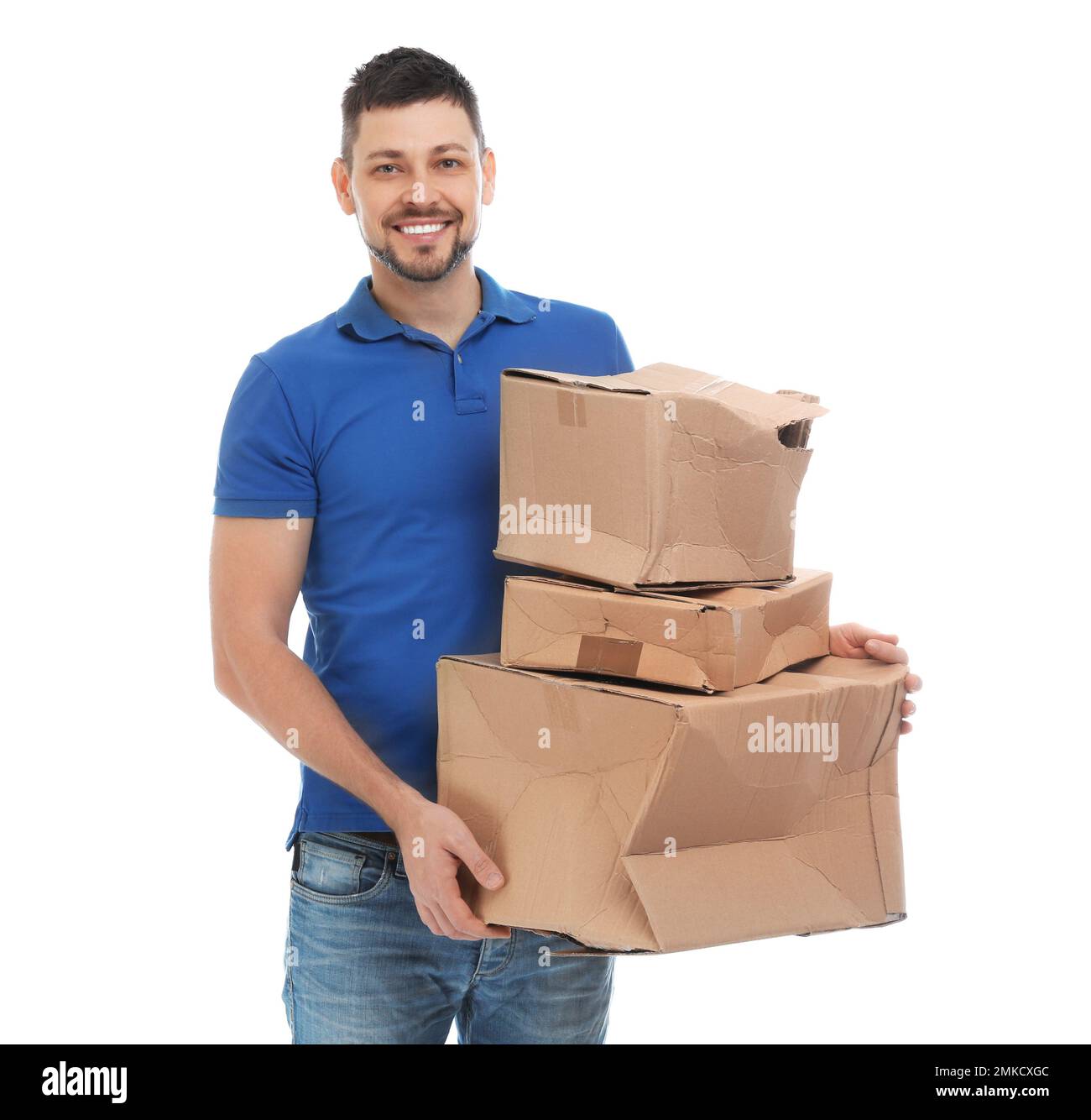 Courier with damaged cardboard boxes on white background. Poor quality ...