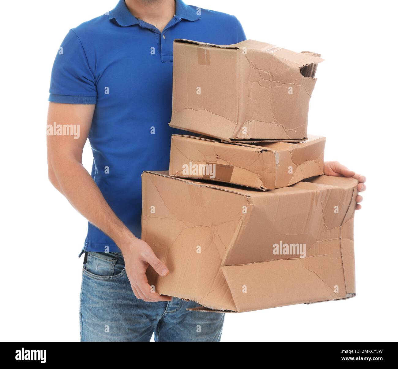 Courier with damaged cardboard boxes on white background, closeup. Poor ...