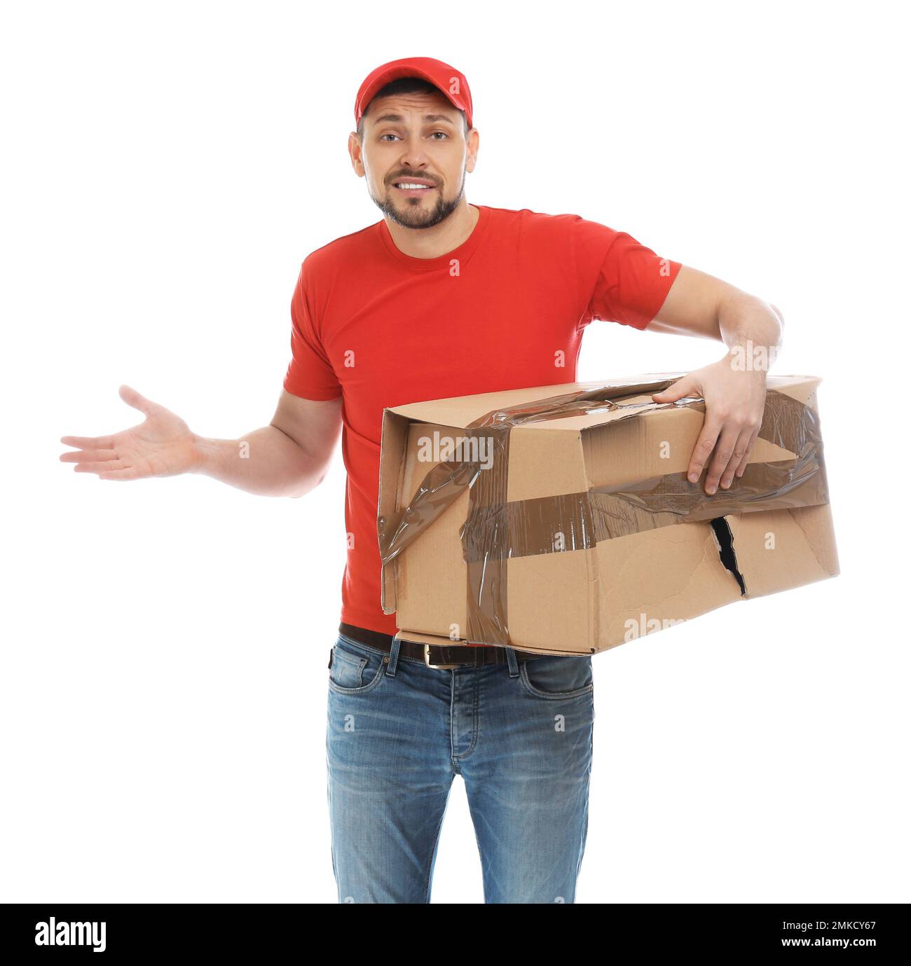 Emotional courier with damaged cardboard box on white background. Poor ...