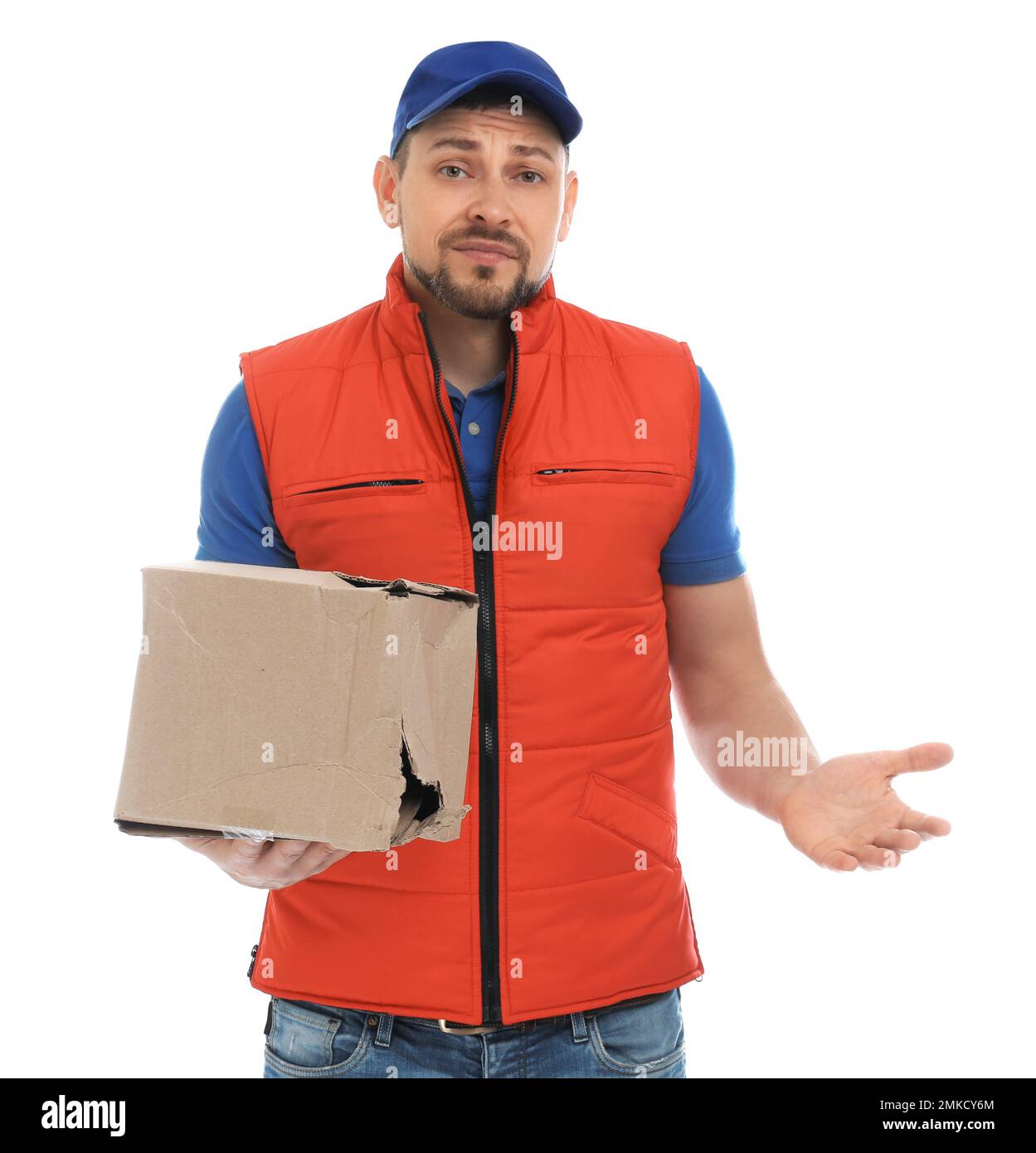 Emotional courier with damaged cardboard box on white background. Poor ...