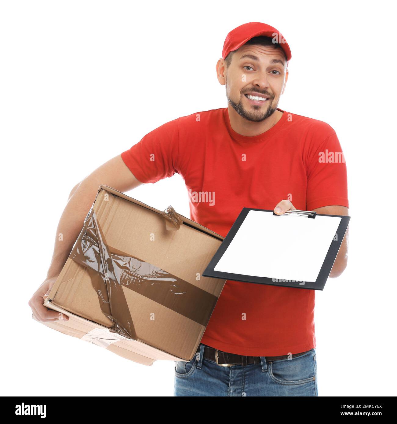 Emotional courier with damaged cardboard box and clipboard on white ...